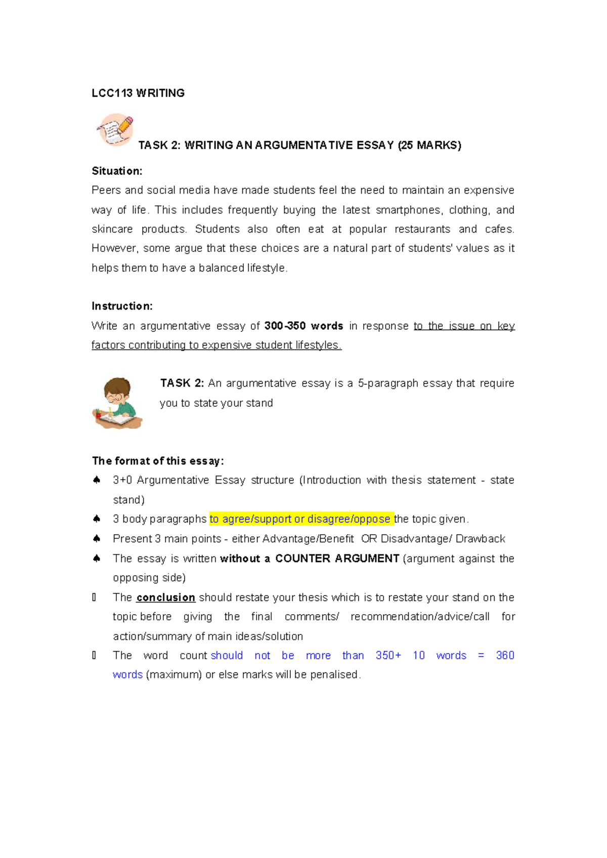 LCC113 Writing Task 2: Argumentative Essay on Student Lifestyles - Studocu