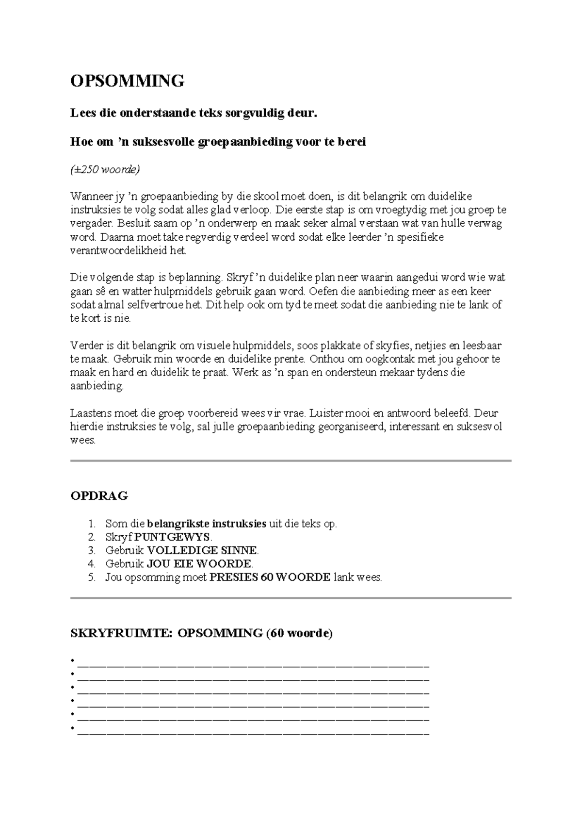 OPSOMMING Akt. Graad 9: Hoe om 'n Suksesvolle Groepaanbieding voor te ...