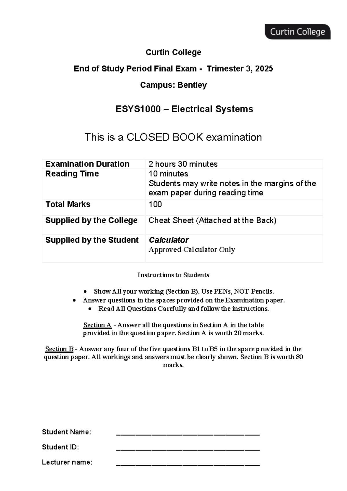 Curtin College ESYS1000 Final Exam Trimester 3, 2025 - Electrical ...