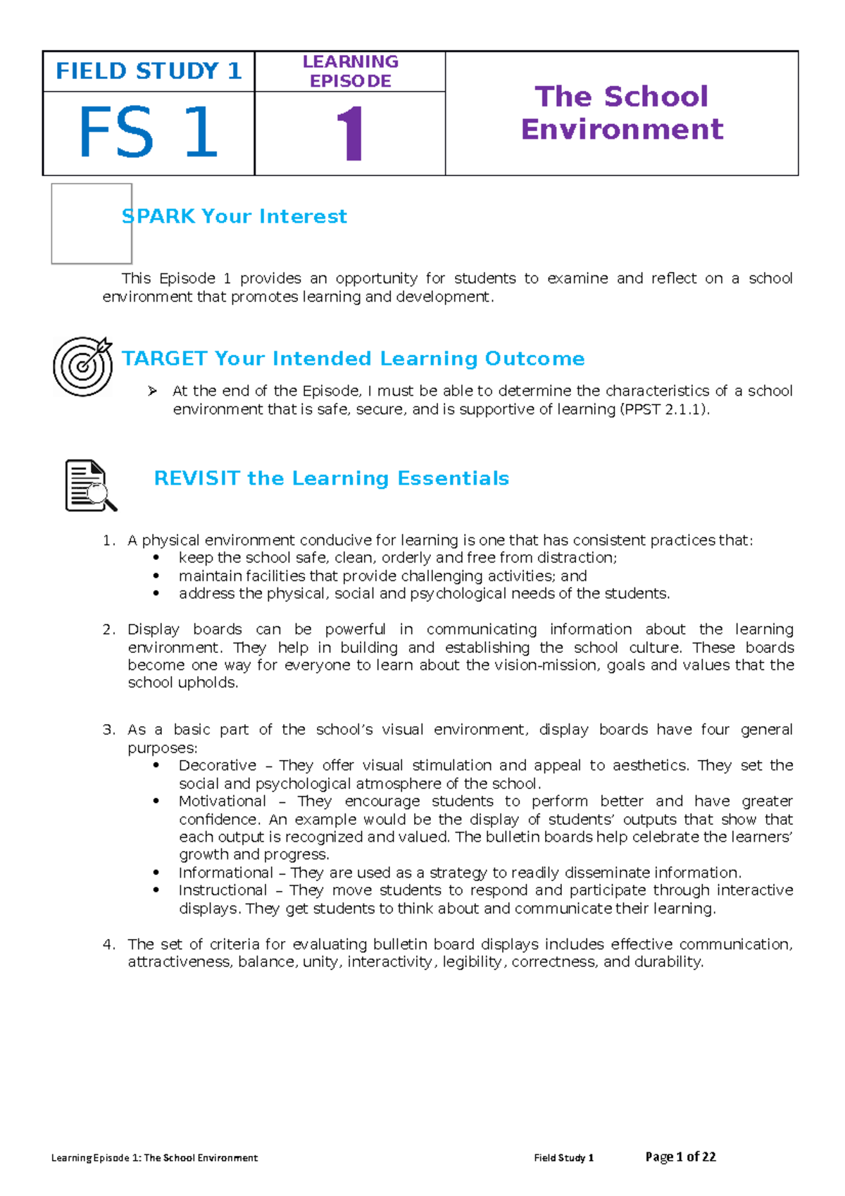 Field Study 1: Exploring the Learning Environment in Episode 1 - Studocu