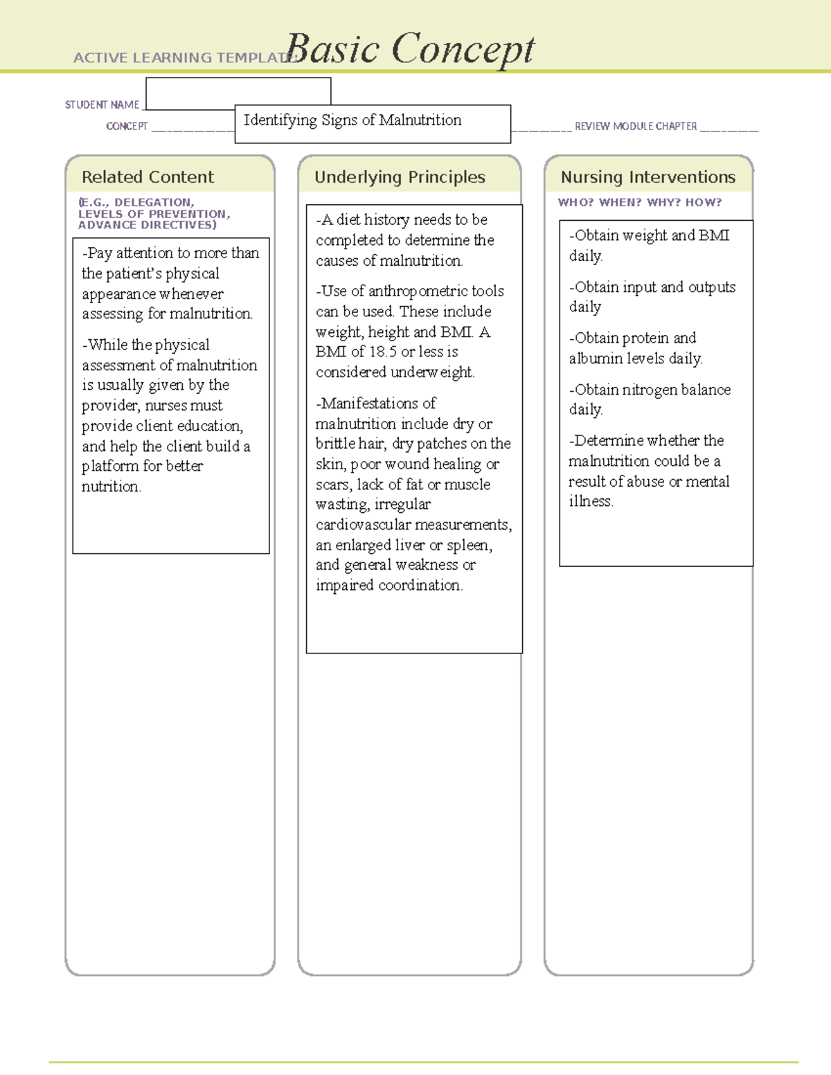 Active Learning Template: Signs of Malnutrition Identification - Studocu