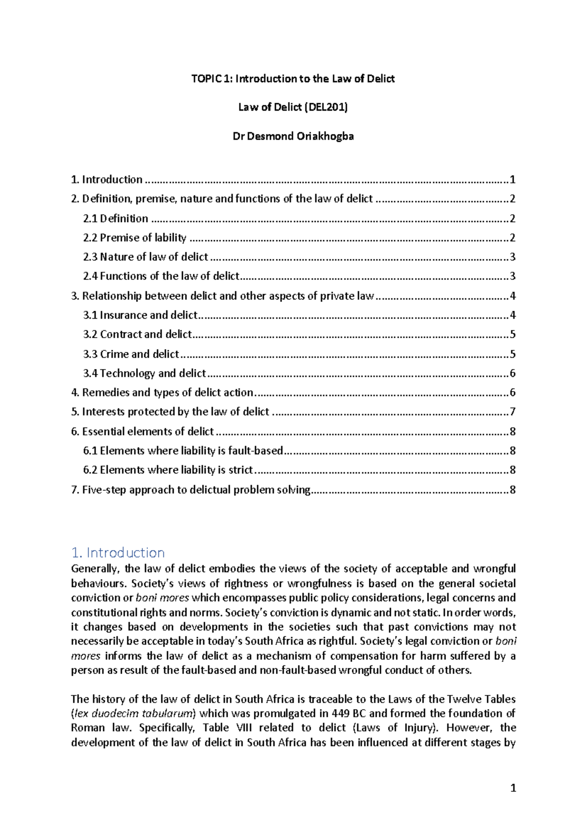 DEL201: Intro to Law of Delict - Key Concepts & Principles - Studocu