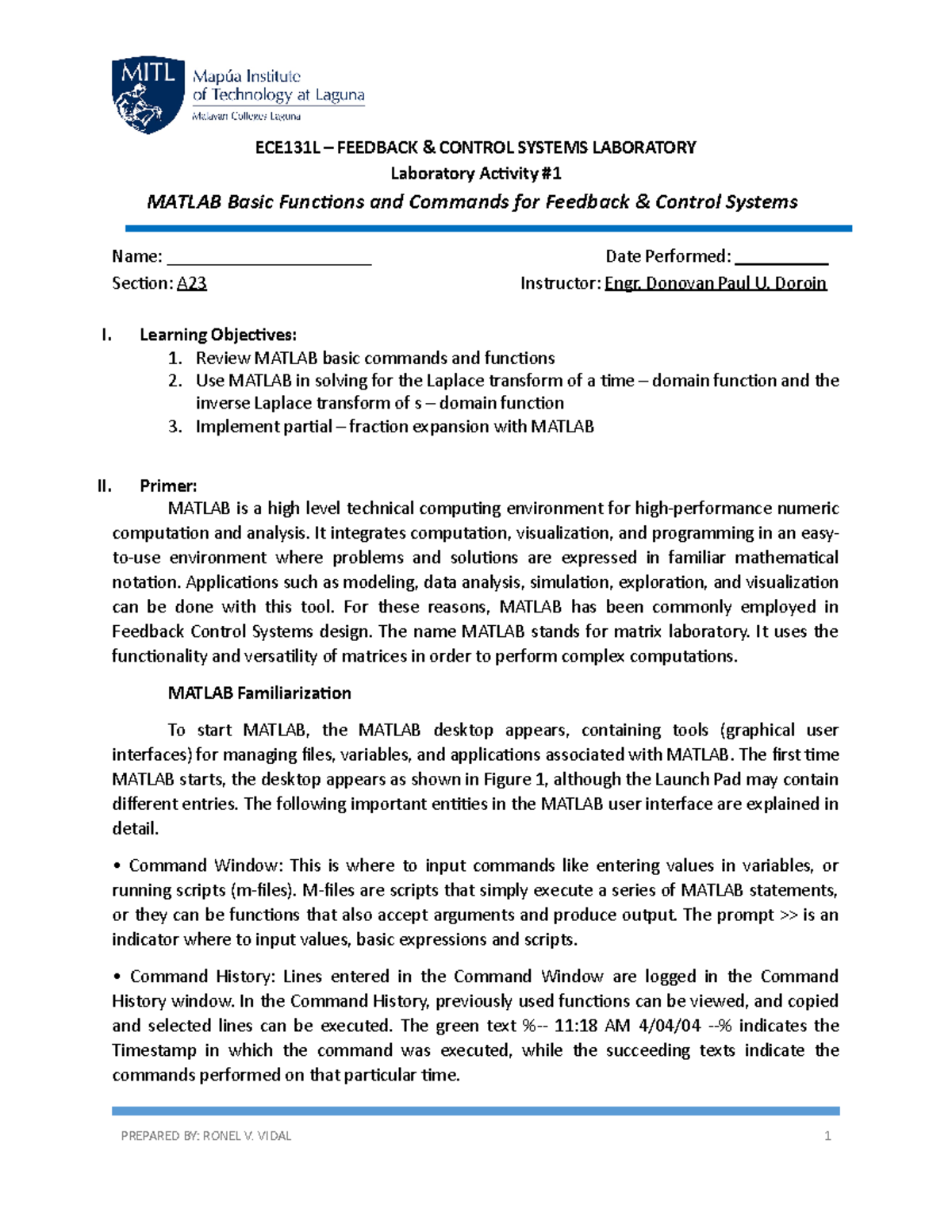 ECE131L - MATLAB Basics for Feedback & Control Systems Lab Activity ...