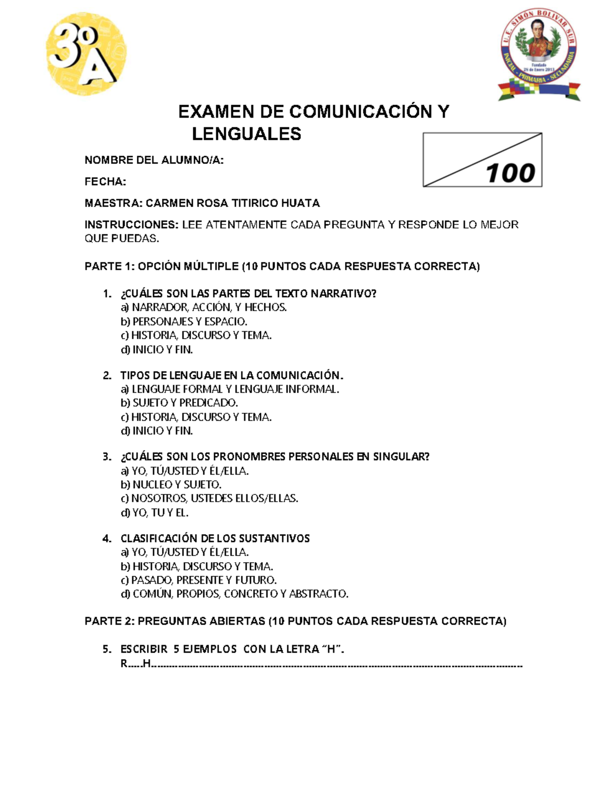 Examen DE Lenguaje - 3RO DE PRIMARIA PRIMER TRIMESTRE - EXAMEN DE COMUNICACIÓN Y LENGUALES ...