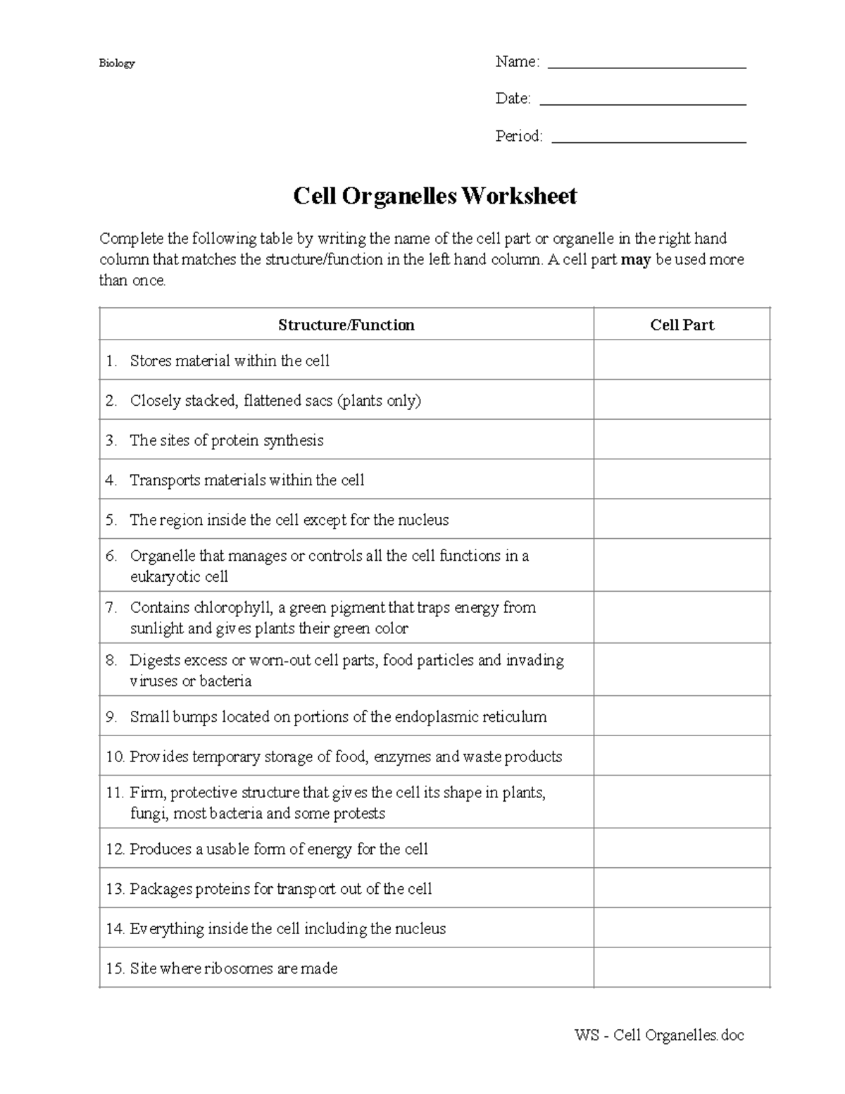 Biology Worksheet: Identifying Cell Organelles and Functions - Studocu