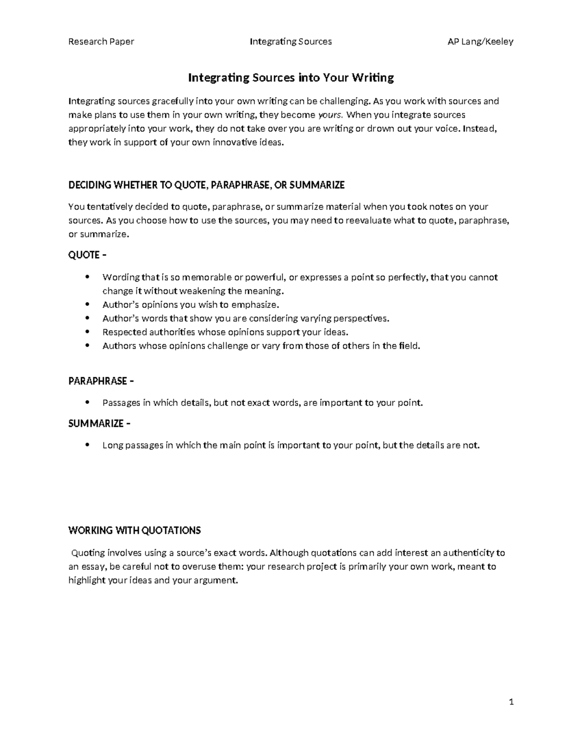 Research Paper on Integrating Sources AP: Effective Writing Strategies ...