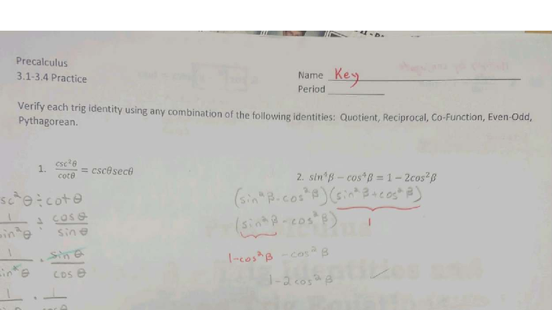 Precalculus Practice KEY: Verifying Trig Identities (3.1-3.4) - Studocu