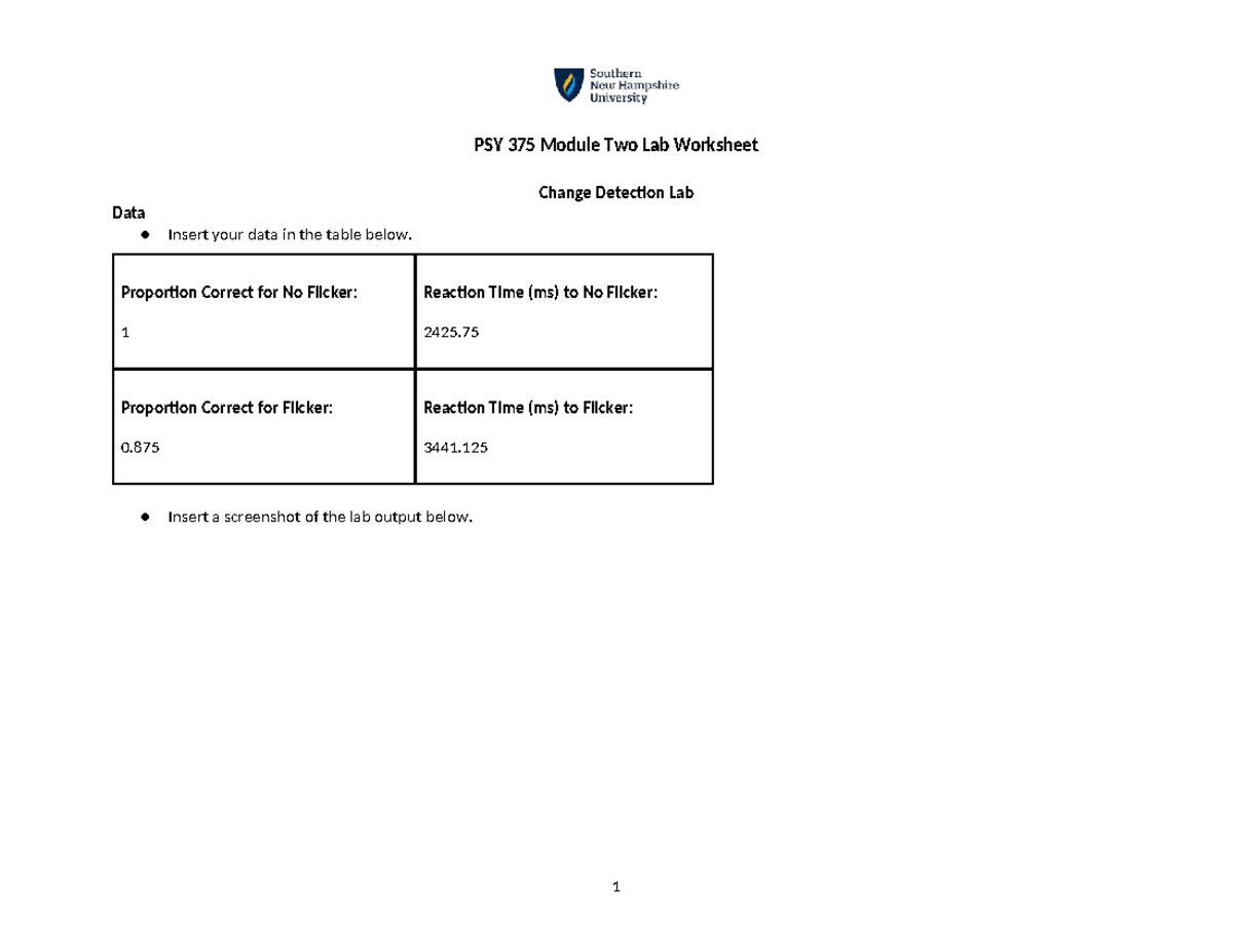 PSY 375 Module Two Lab Worksheet FIN 1 - PSY 375 Module Two Lab Worksheet Change Detection Lab ...