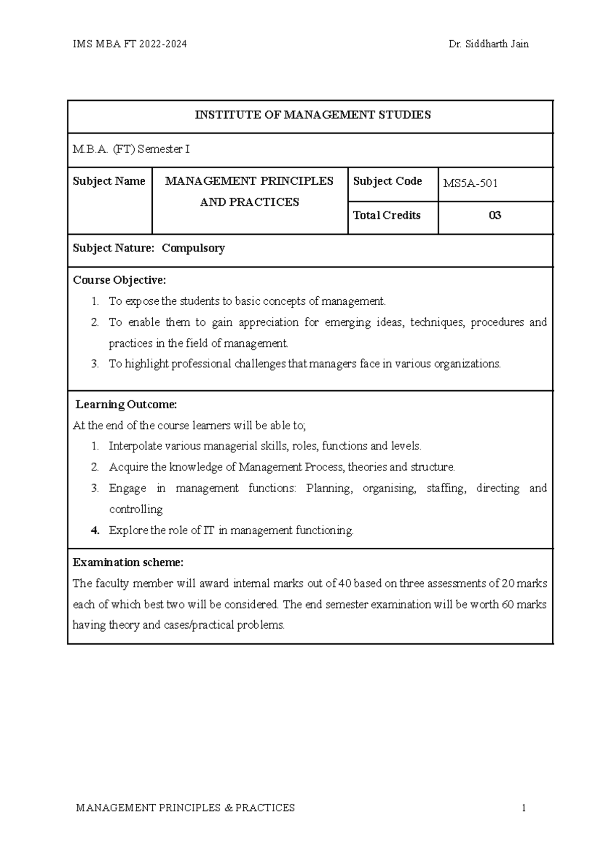 IMS MBA FT Management Principles & Practices Notes - Semester I - Studocu