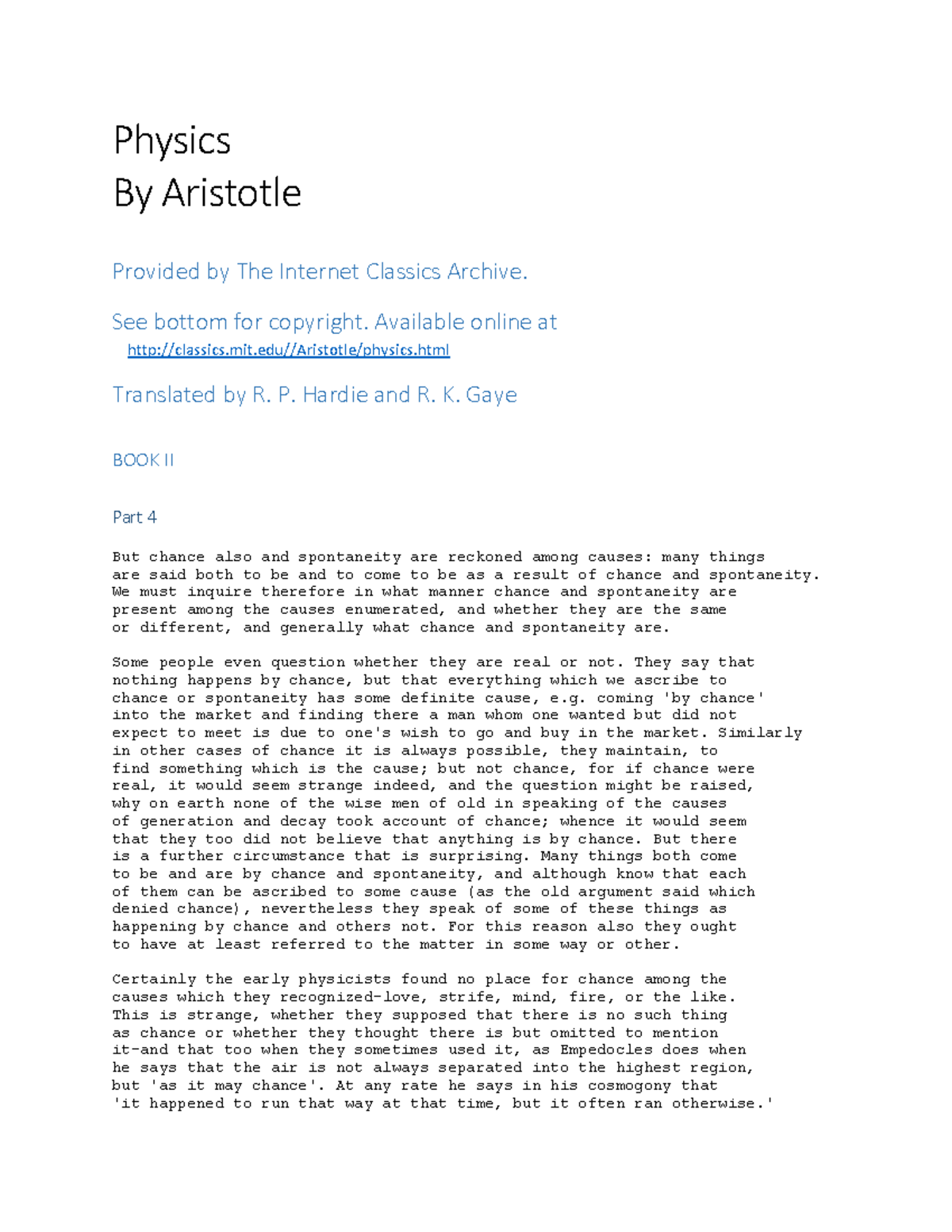 PHIL 101: Aristotle's Exploration of Chance & Spontaneity in Physics - Studocu