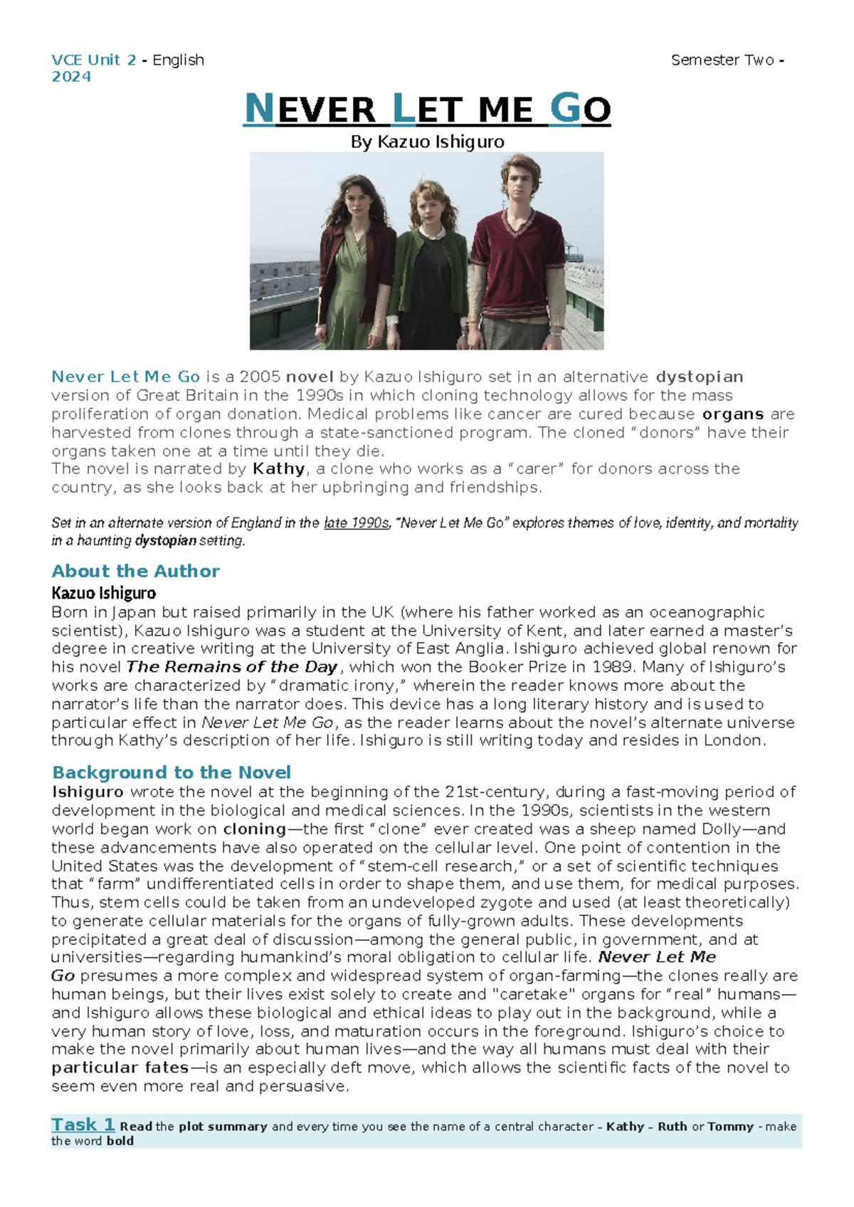 Never Let Me Go Summary, Characters & Background - VCE Unit 2 - English ...