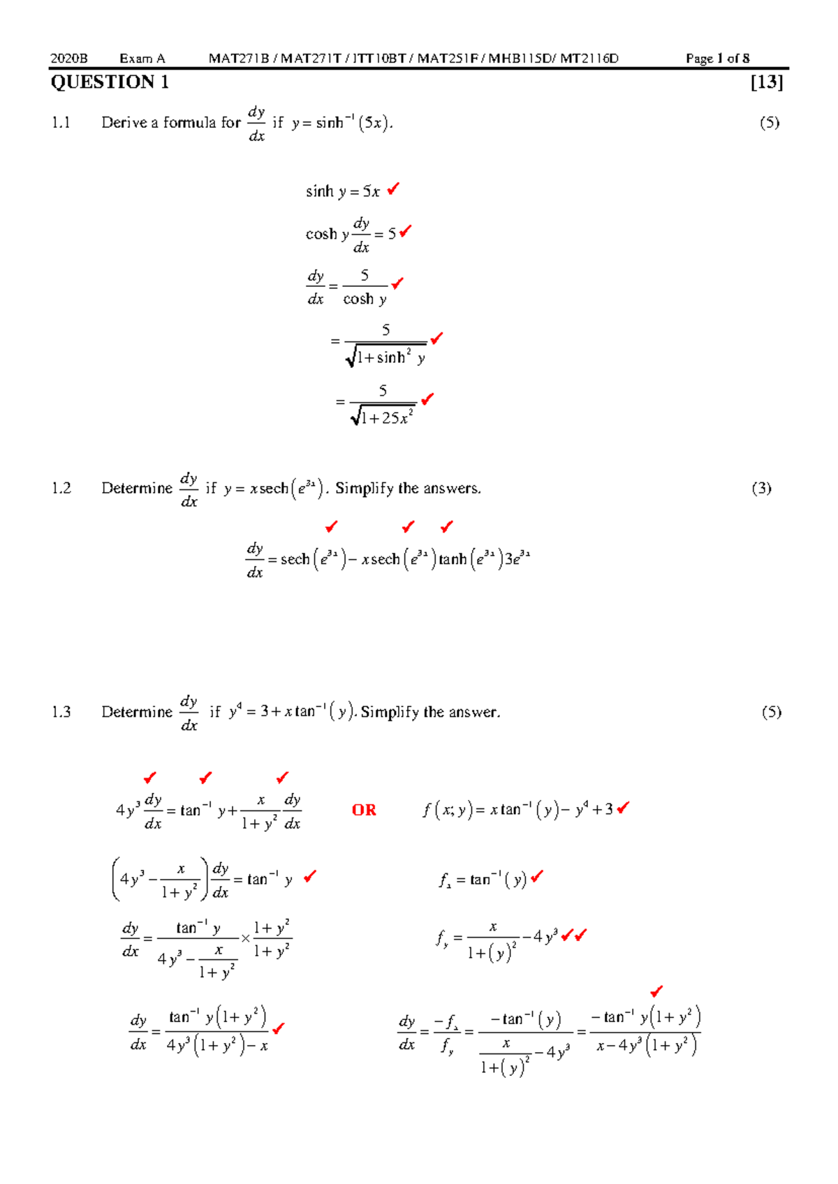 2020B MATH2 Ex A Memo - MATHEMATICS FOR ENGINEERS - QUESTION 1 [1 3 ] 1 ...