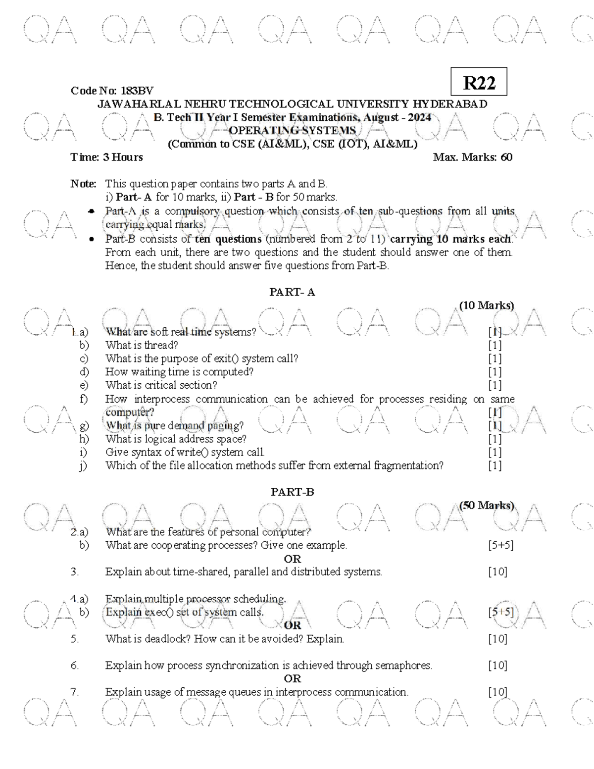 R22 B.Tech II Year I Sem Aug 2024 Operating Systems Exam Paper - Studocu