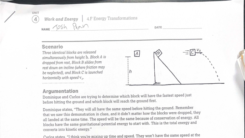 UNIT 4 Work and Energy 4.F Energy Transformations Classwork Analysis ...