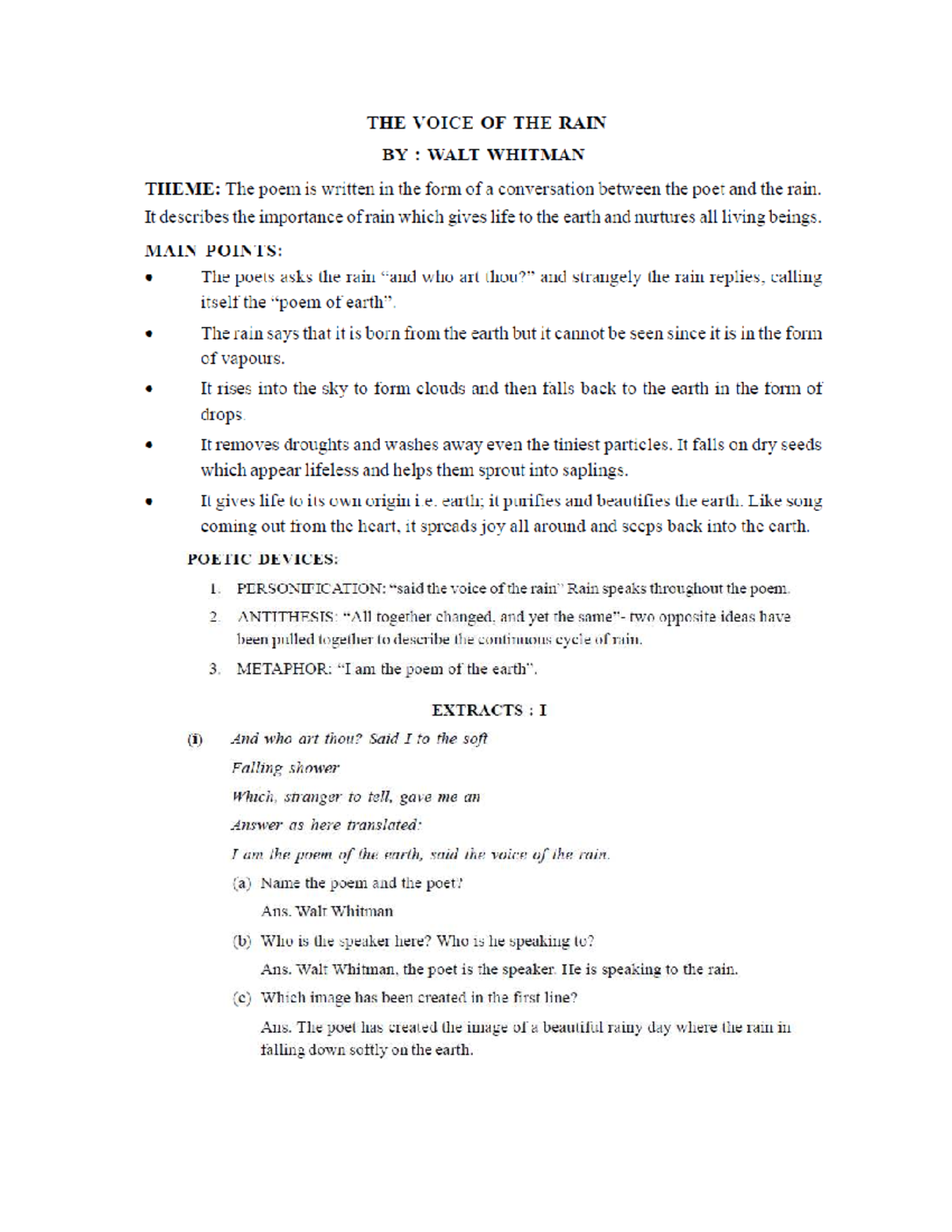 The Voice of the Rain: Notes on Walt Whitman's Poem Analysis - Studocu