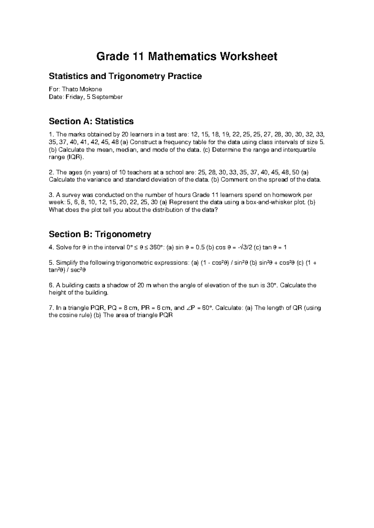 Gr11 Maths Stats & Trig Worksheet Practice for Thato Mokone - Studocu