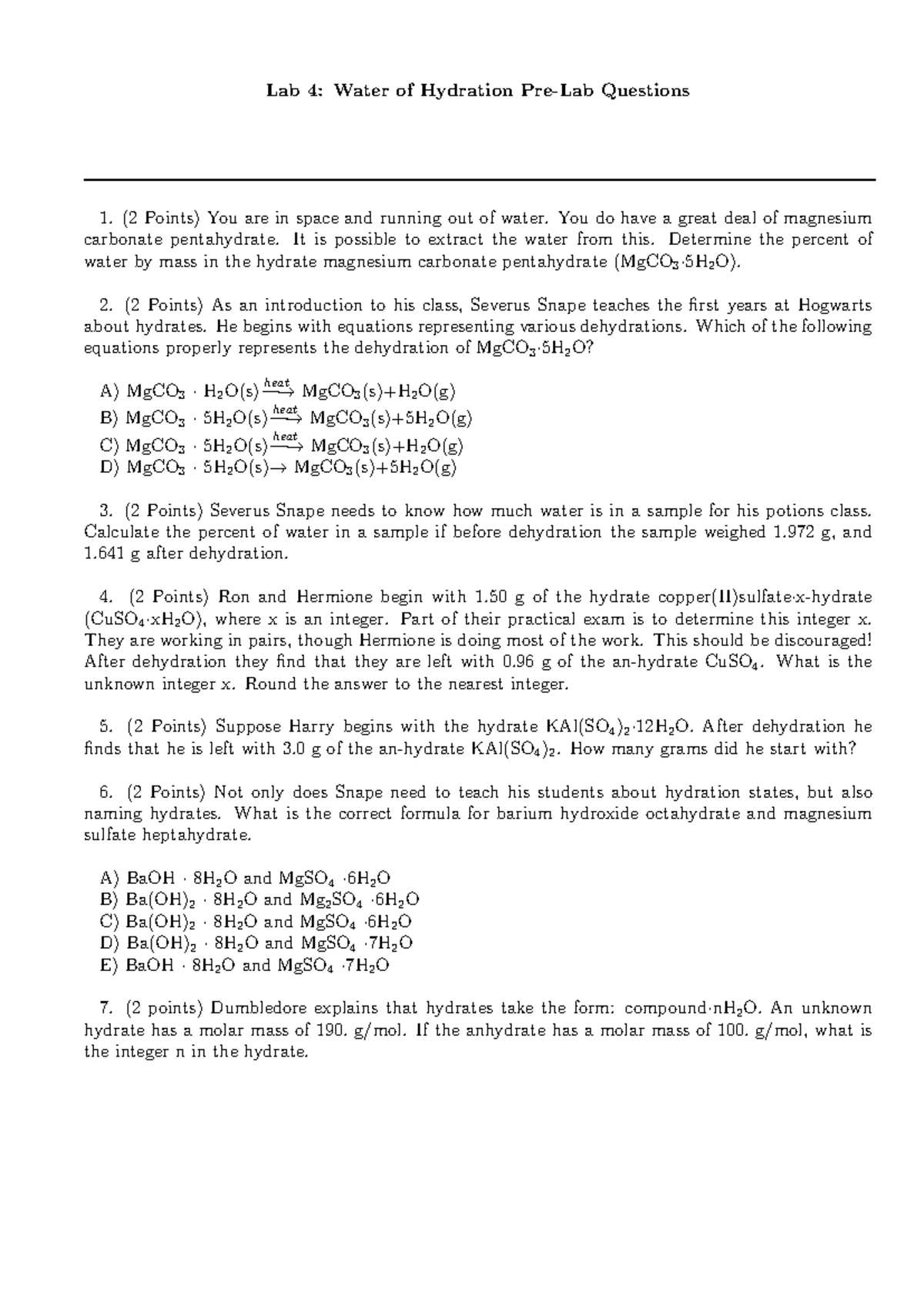 Lab 4: Water of Hydration Pre-Lab Worksheet - Studocu