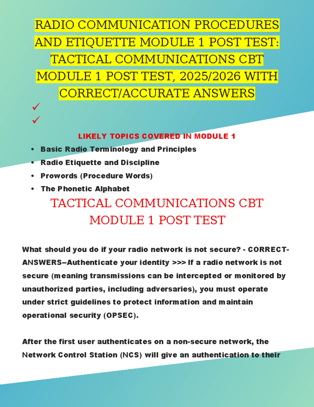 Tactical Communications CBT Module 1 Post Test: Radio Procedures ...
