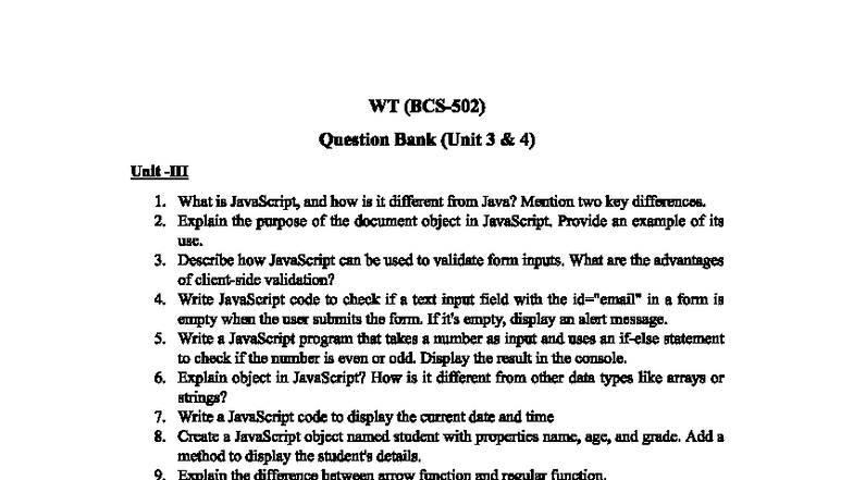 WT Question Bank (Unit 3 4) - JavaScript & Java Concepts - Studocu