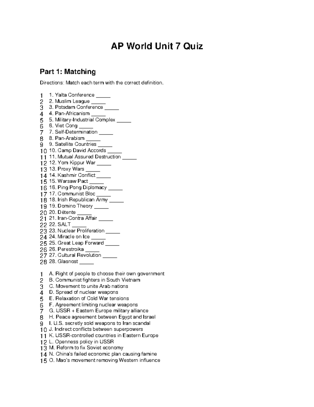 AP World Unit 7 Quiz Part 1: Matching Terms and Definitions - Studocu