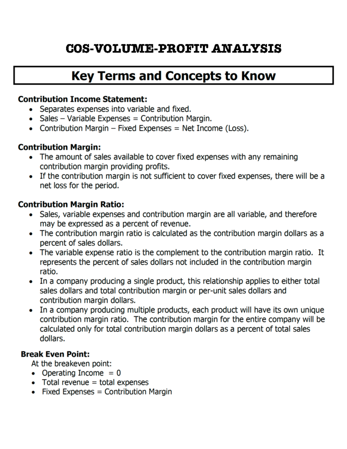 CVP Analysis (COS-VOLUME-PROFIT) - Lecture Notes Summary - Studocu