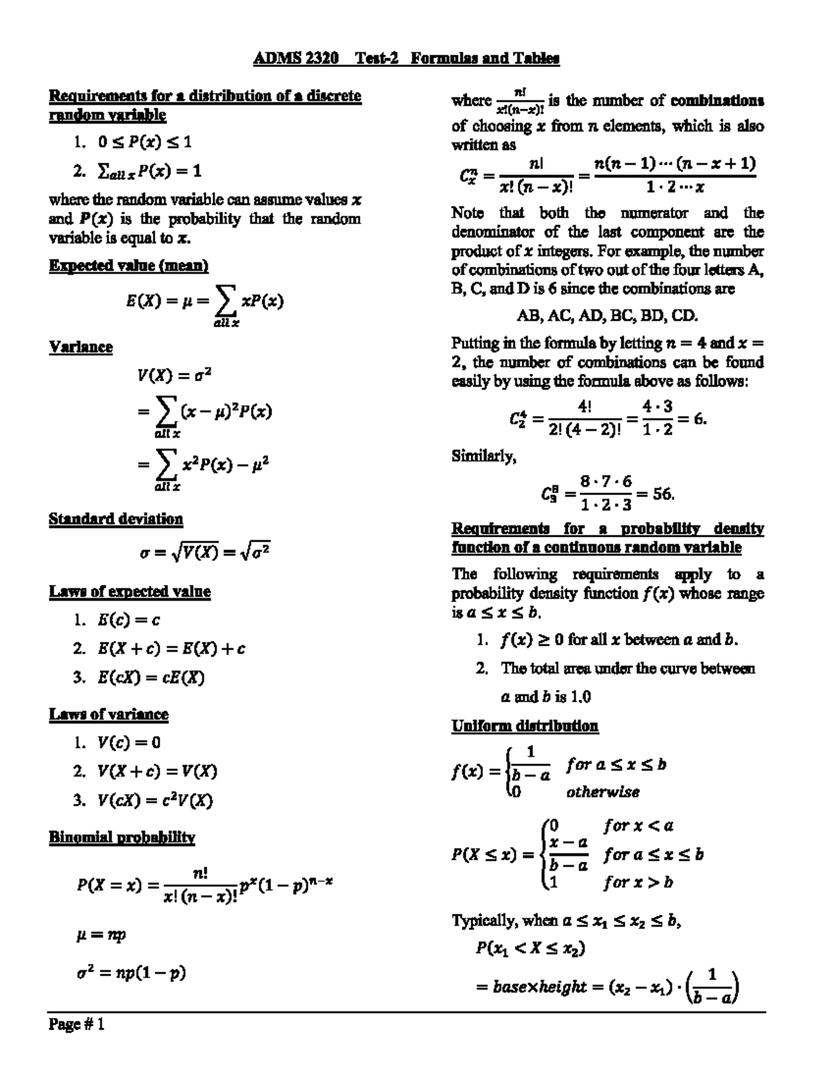 ADMS 2320 Formulas and Tables Cheat Sheet for Probability Distributions ...