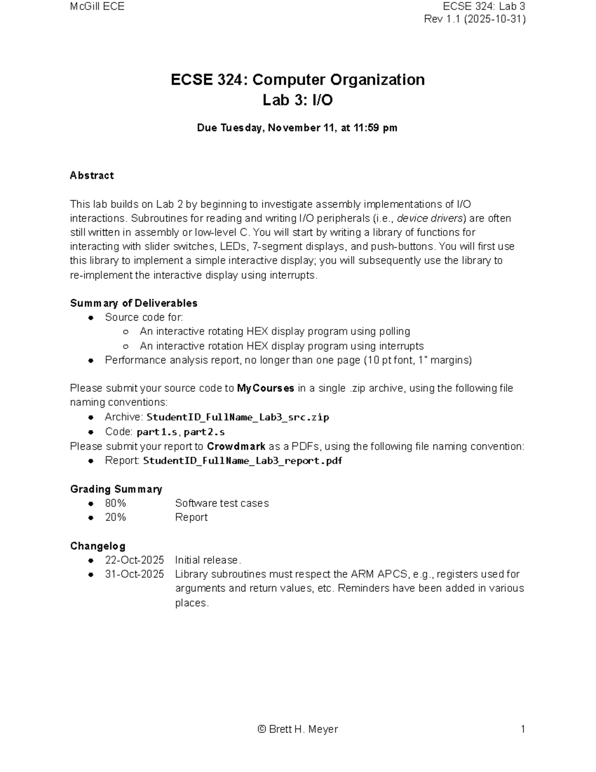 McGill ECSE 324: Lab 3 I/O - Interactive Display Implementation - Studocu