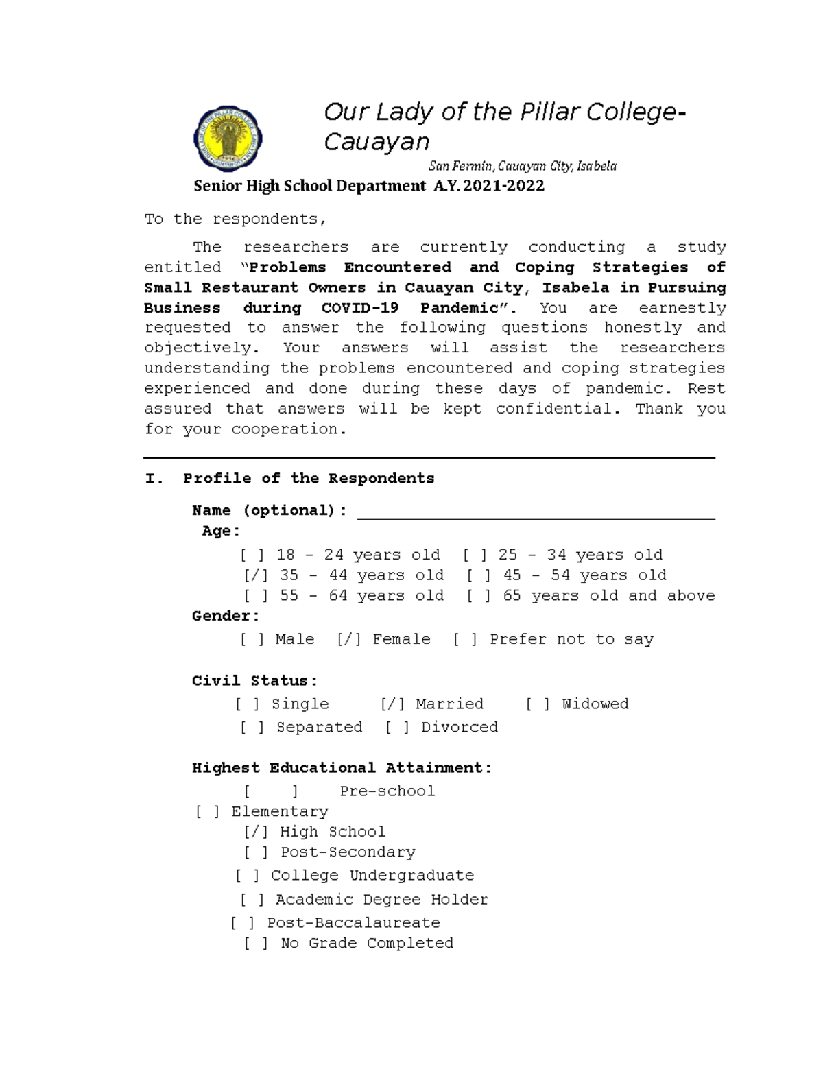 Questionnaire-PR-2 - Practice - Our Lady of the Pillar College- Cauayan ...