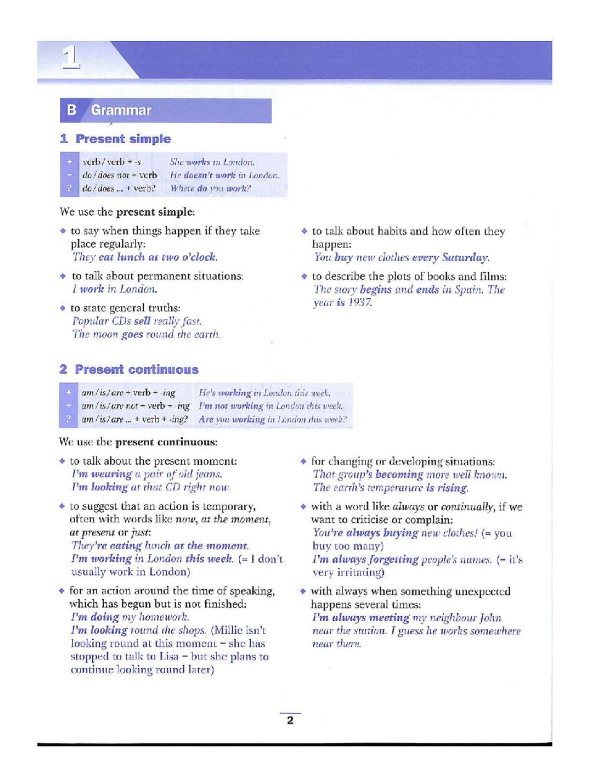 1 B Grammar 1: Present Simple & Continuous Tenses Notes - Studocu
