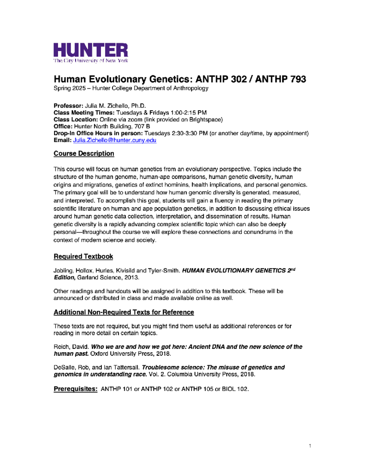 Anthp 302 - Human Evolutionary Genetics Course Syllabus Spring 2025 ...
