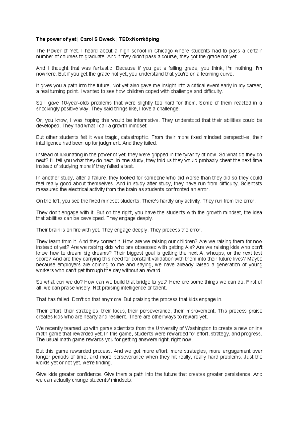 The Power of Yet: Growth Mindset Insights by Carol S. Dweck - Studocu