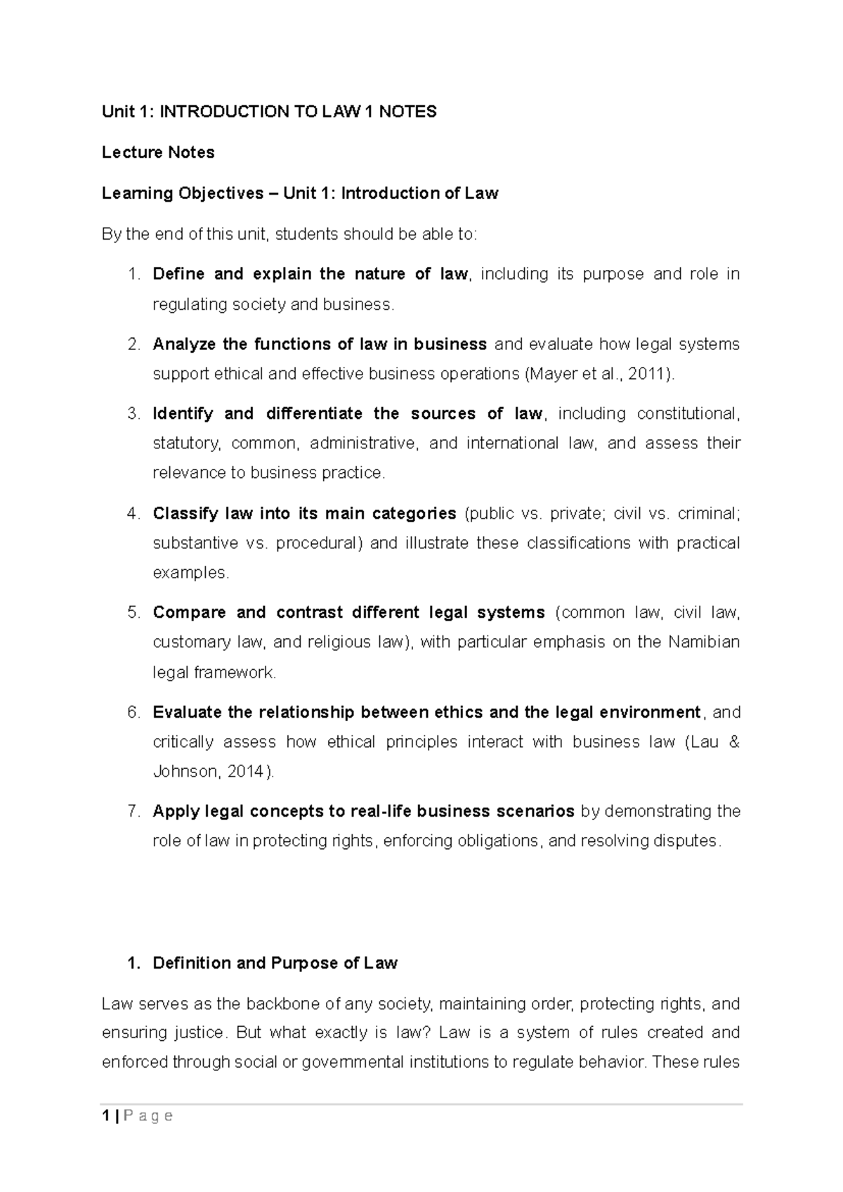 UNIT 1: Intro to Law Notes 104902 - Key Concepts & Learning Objectives ...