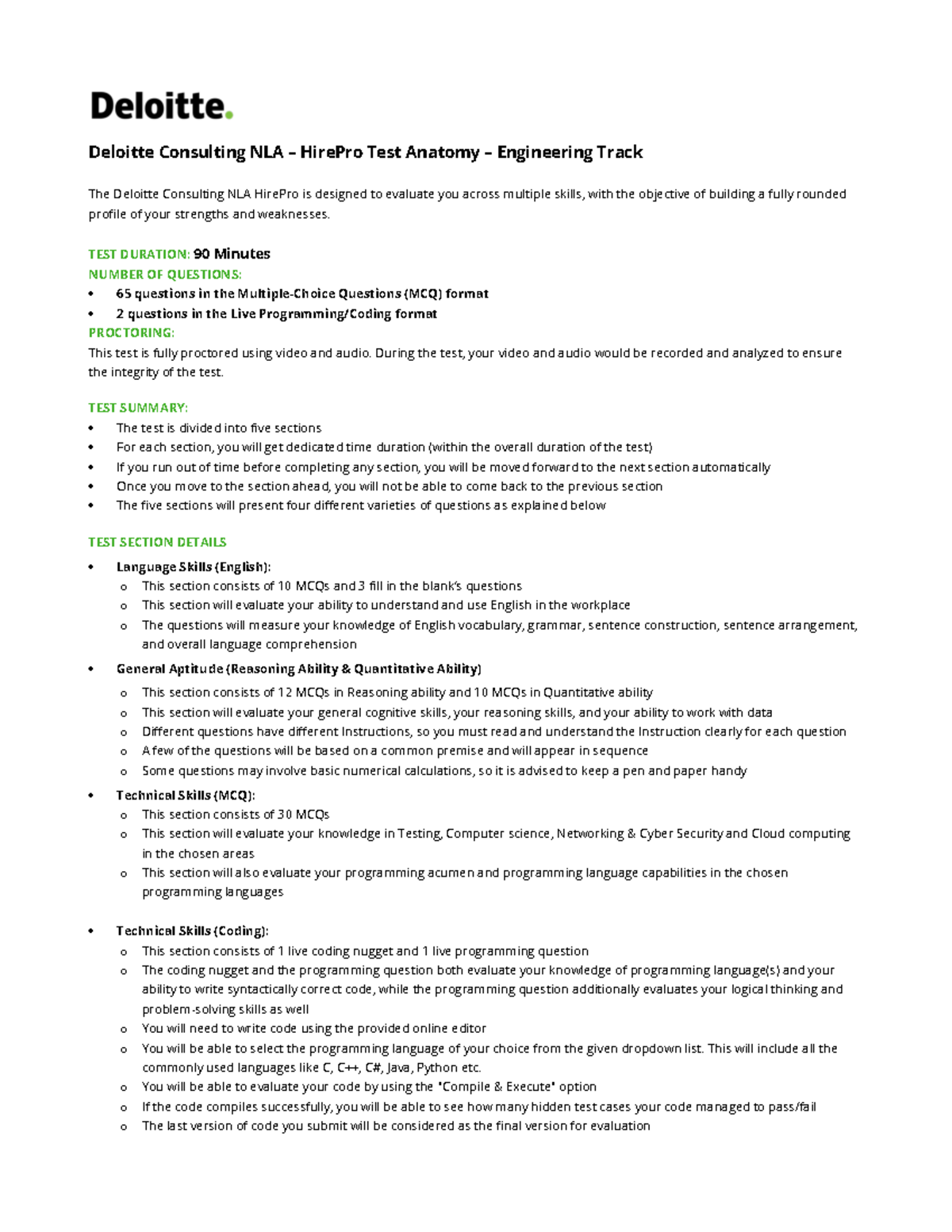 Deloitte NLA HirePro Test Anatomy - Engineering Track Overview - Studocu