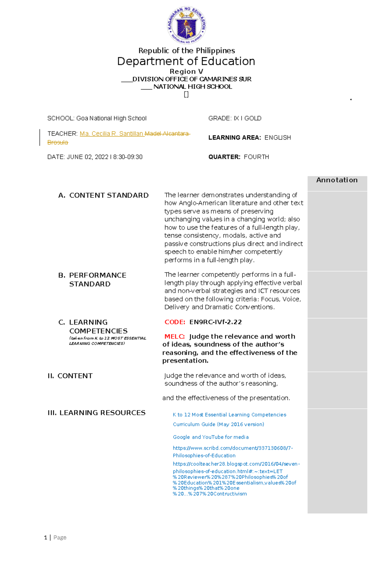 Annotated Lesson Plan for EN9 - Principles of Teaching Objective 2 - Studocu
