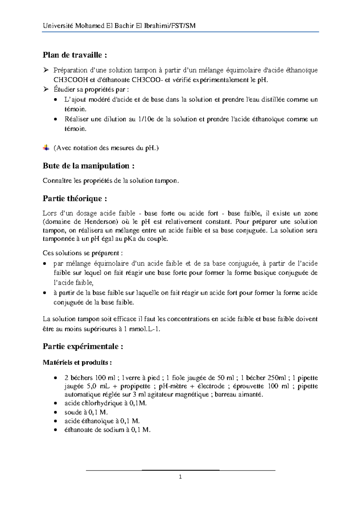 TP: Préparation et propriétés d'une solution tampon (CH3COOH/CH3COO ...