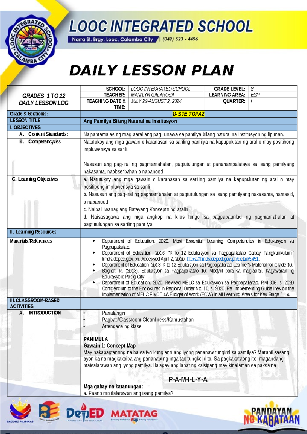 ESP-8 DLP Q1 WK1 - Lesson Plan on Pamilya Bilang Natural na Institusyon ...