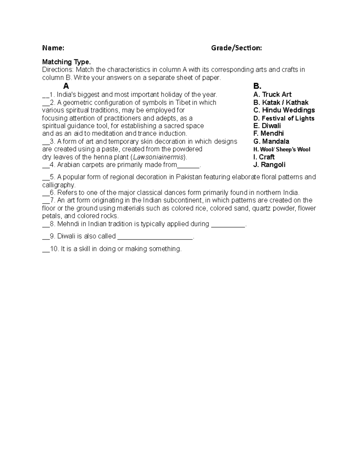 Worksheet #1 - exam - Name: Grade/Section: Matching Type. Directions ...