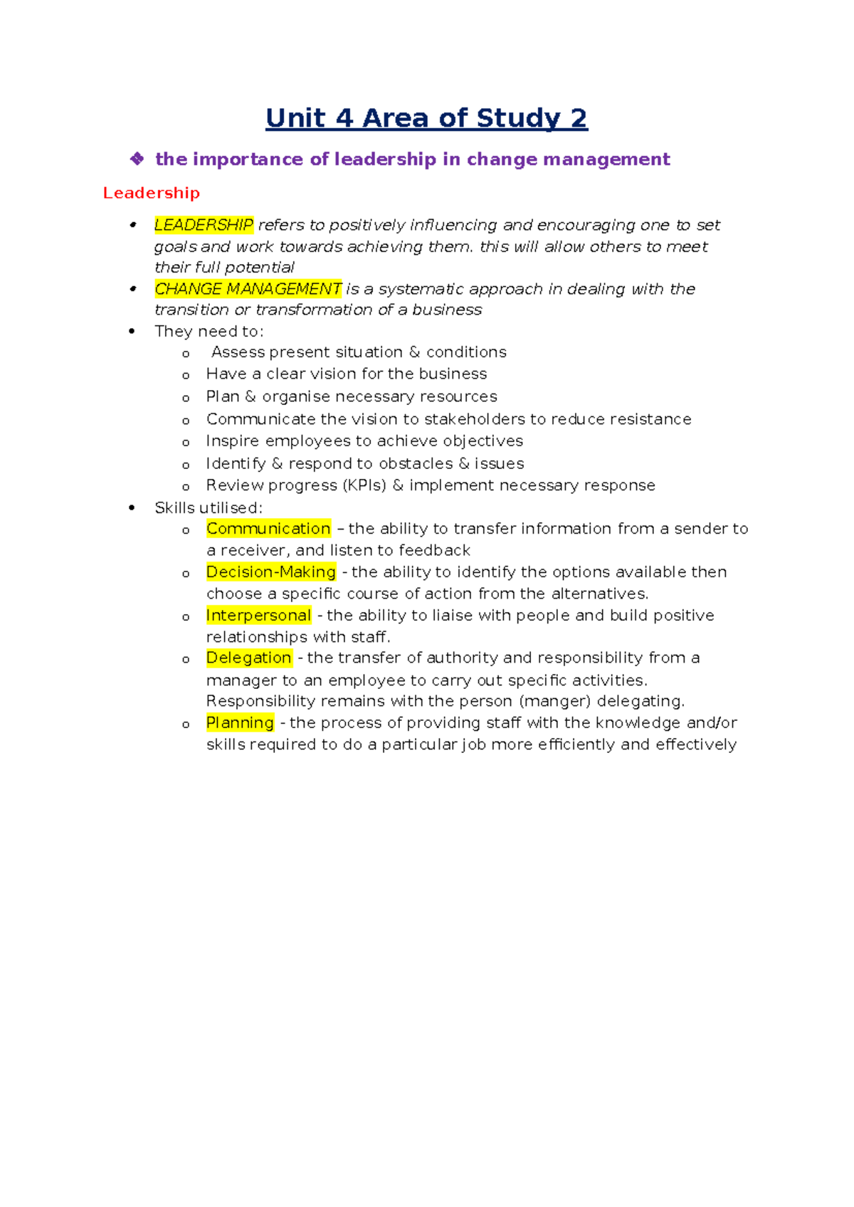U4AOS2 Summary Notes on Leadership & Change Management - Studocu