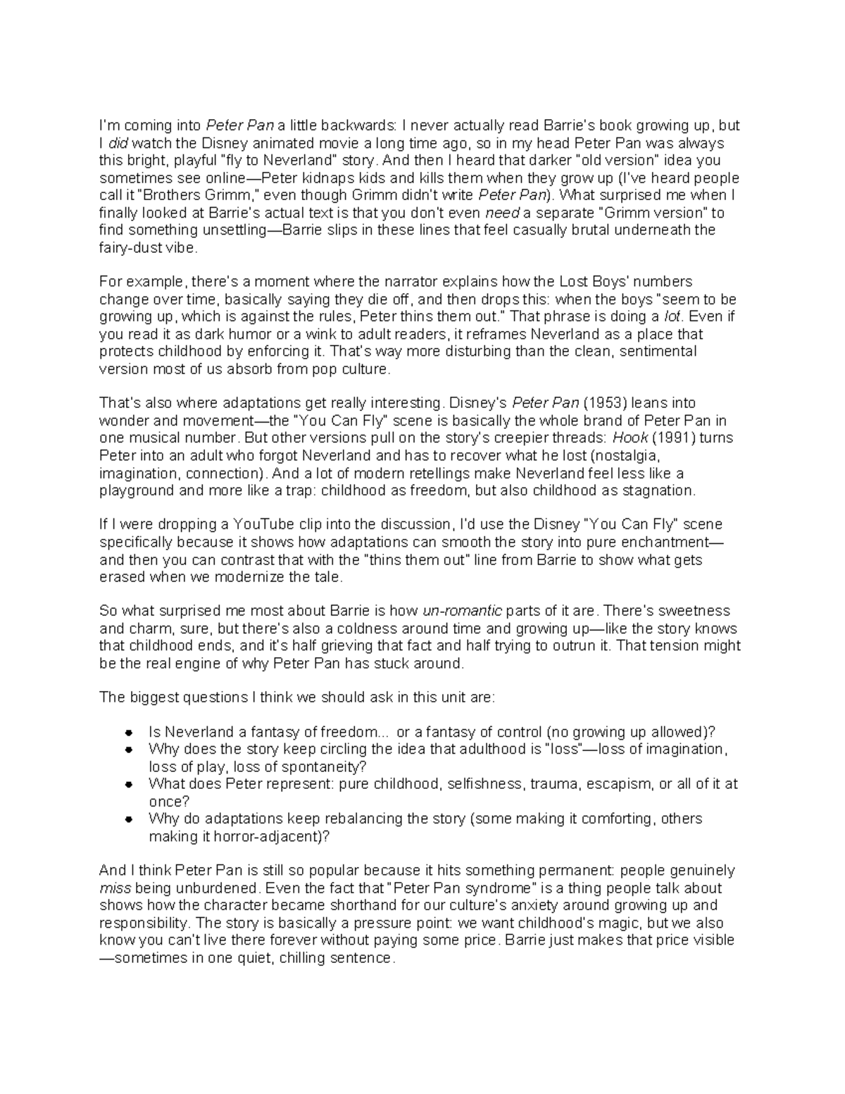 Peter Pan Analysis: Dark Themes in Adaptations and Original Text - Studocu