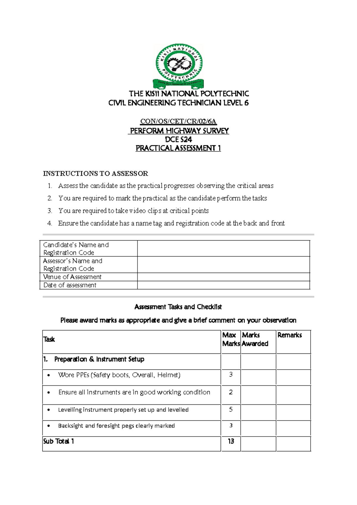 DCE S24 - Highway Survey Practical Assessment 1 Checklist - Studocu