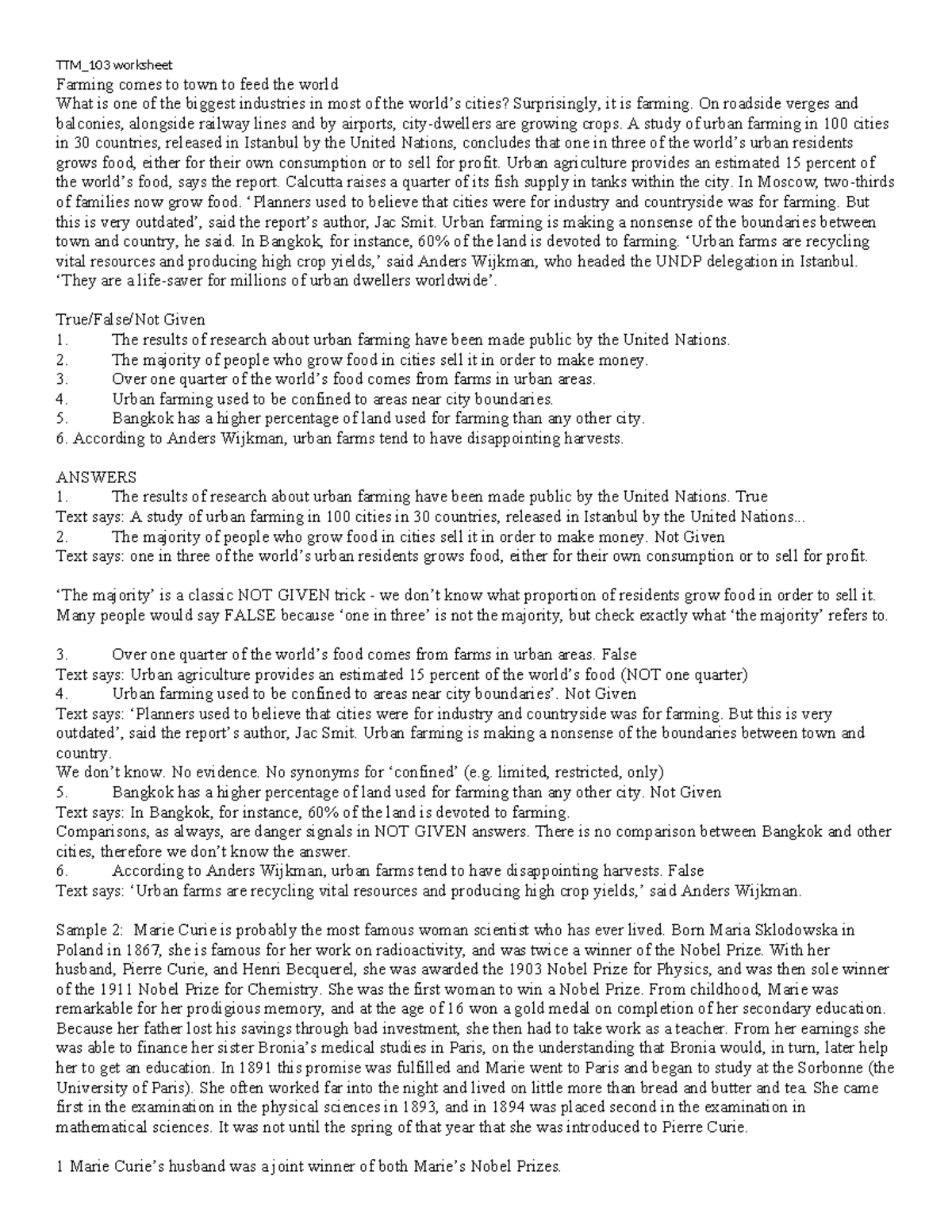TTM_103 Worksheet: Urban Farming Insights for Exams - Studocu