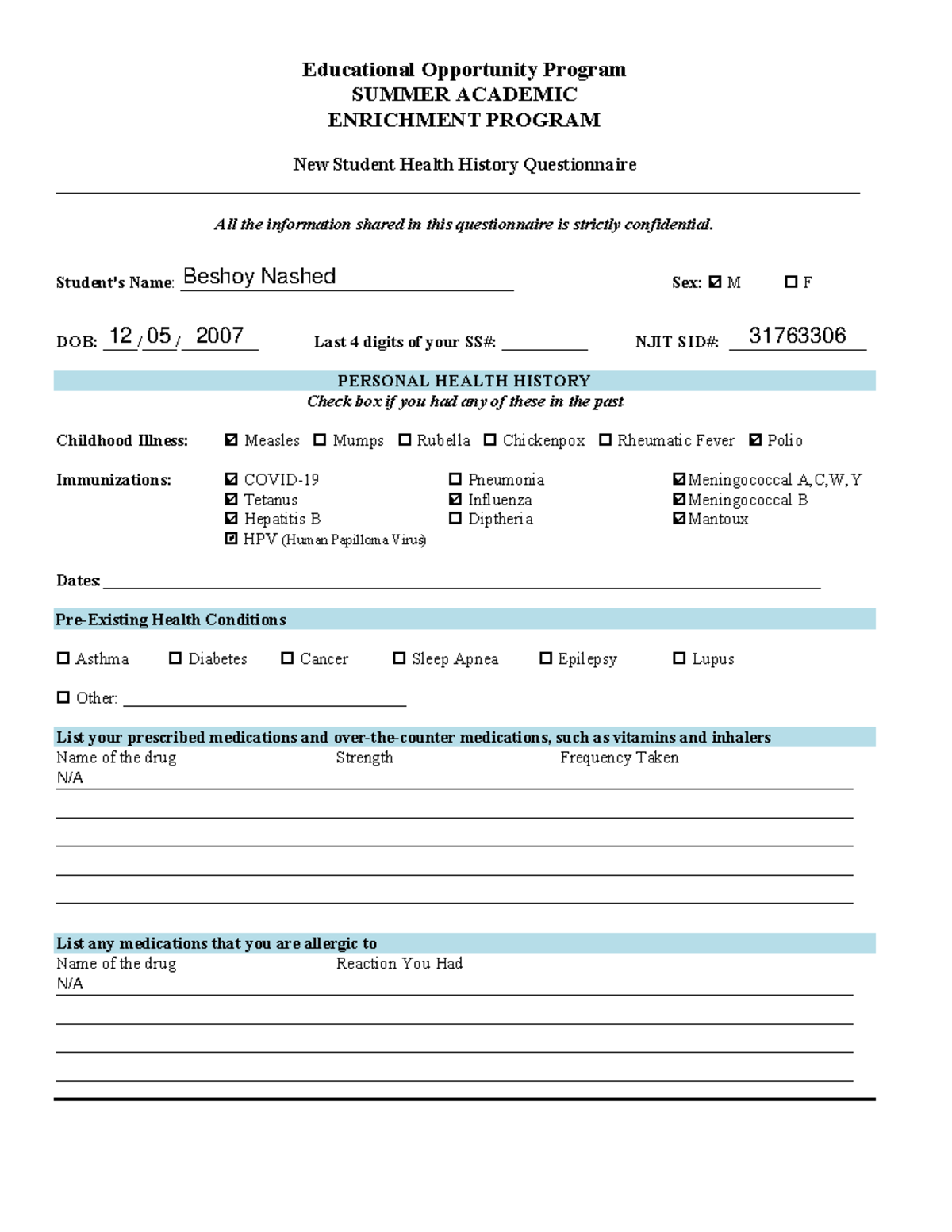NJIT EOP Summer Academic Enrichment Program Health Questionnaire - Studocu