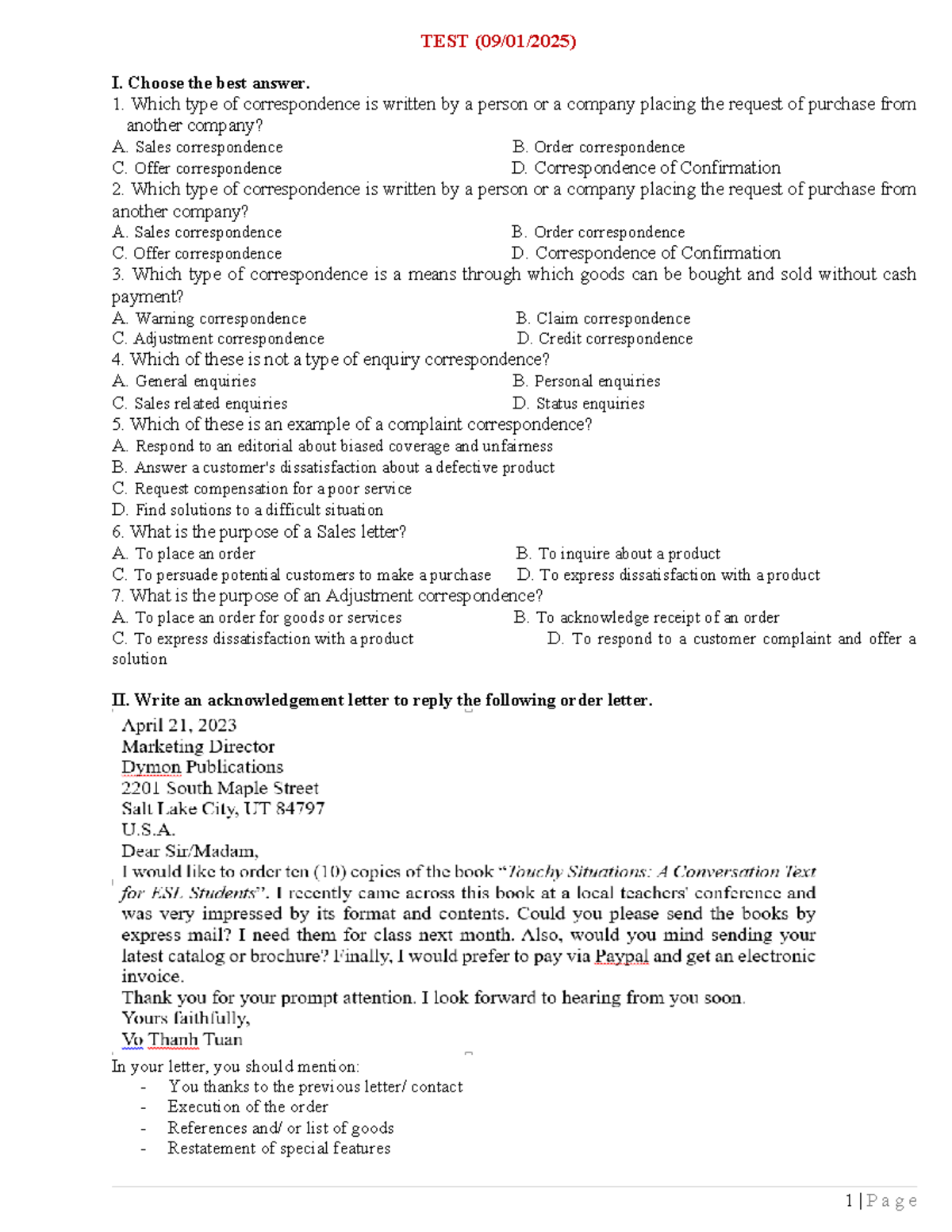 TEST I: Correspondence Types & Letter Writing Exercises - Studocu