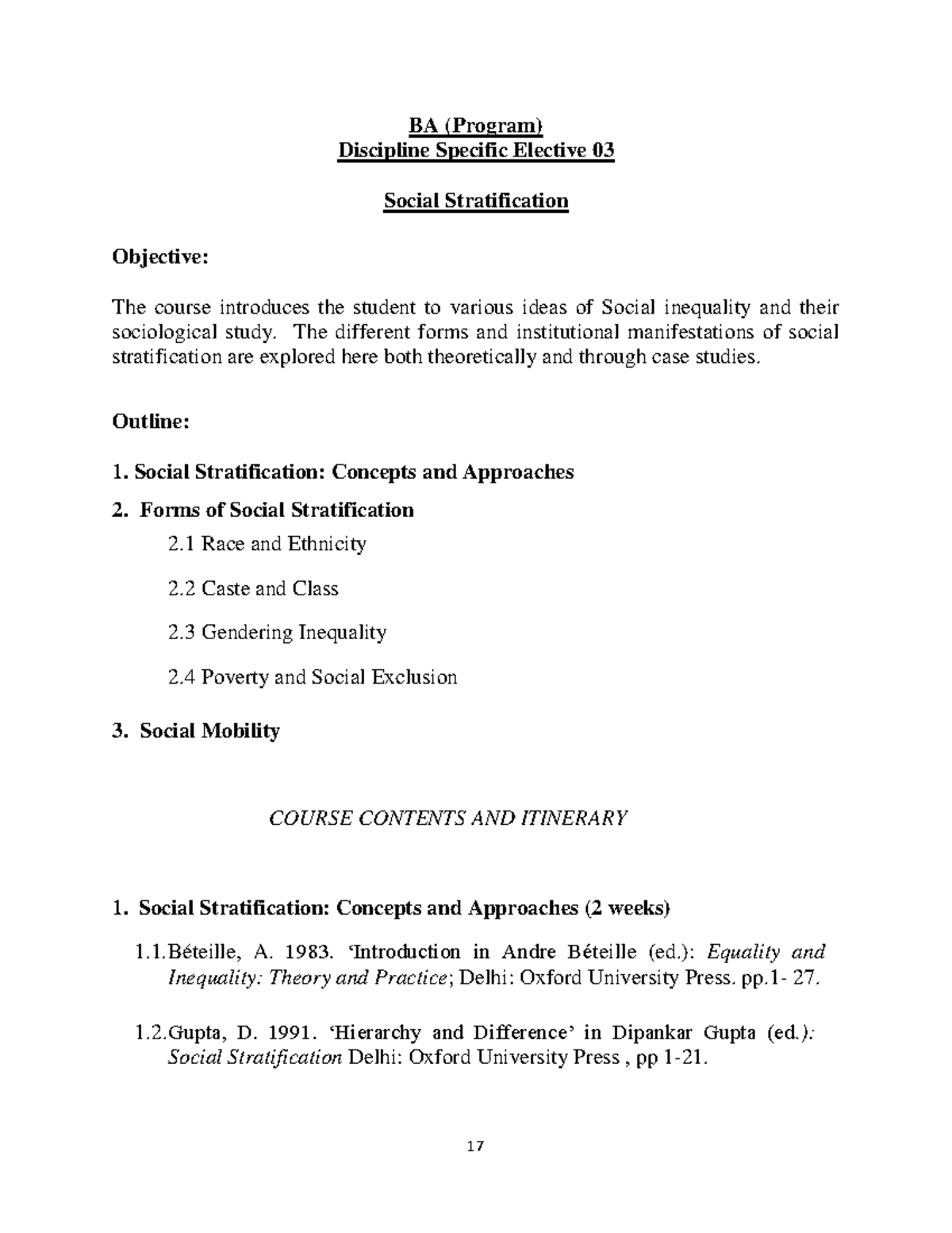 BA (Program) DSE 03: Social Stratification Syllabus Overview - Studocu