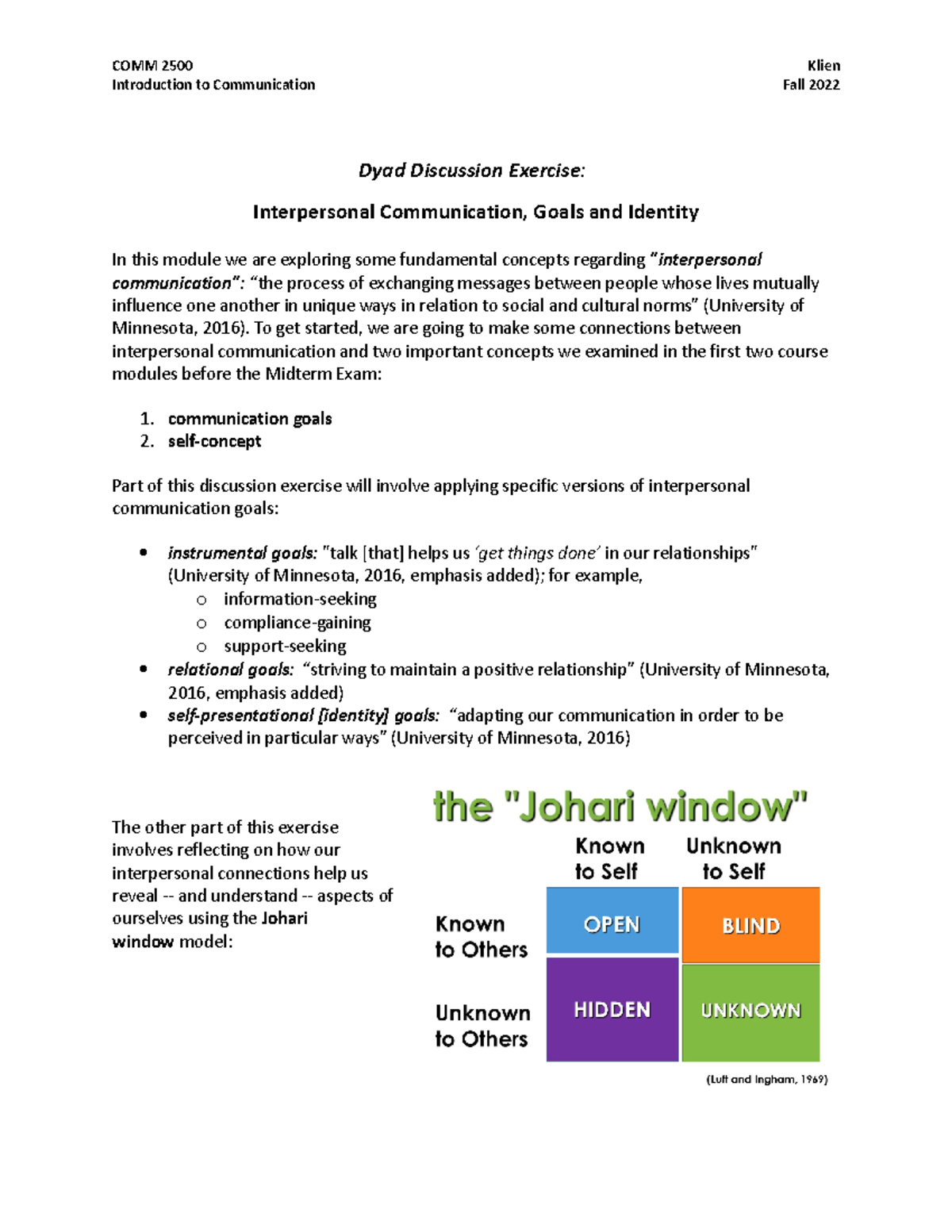 Interpersonal Comm Goals & Identity Discussion Exercise - COM 101 - Studocu