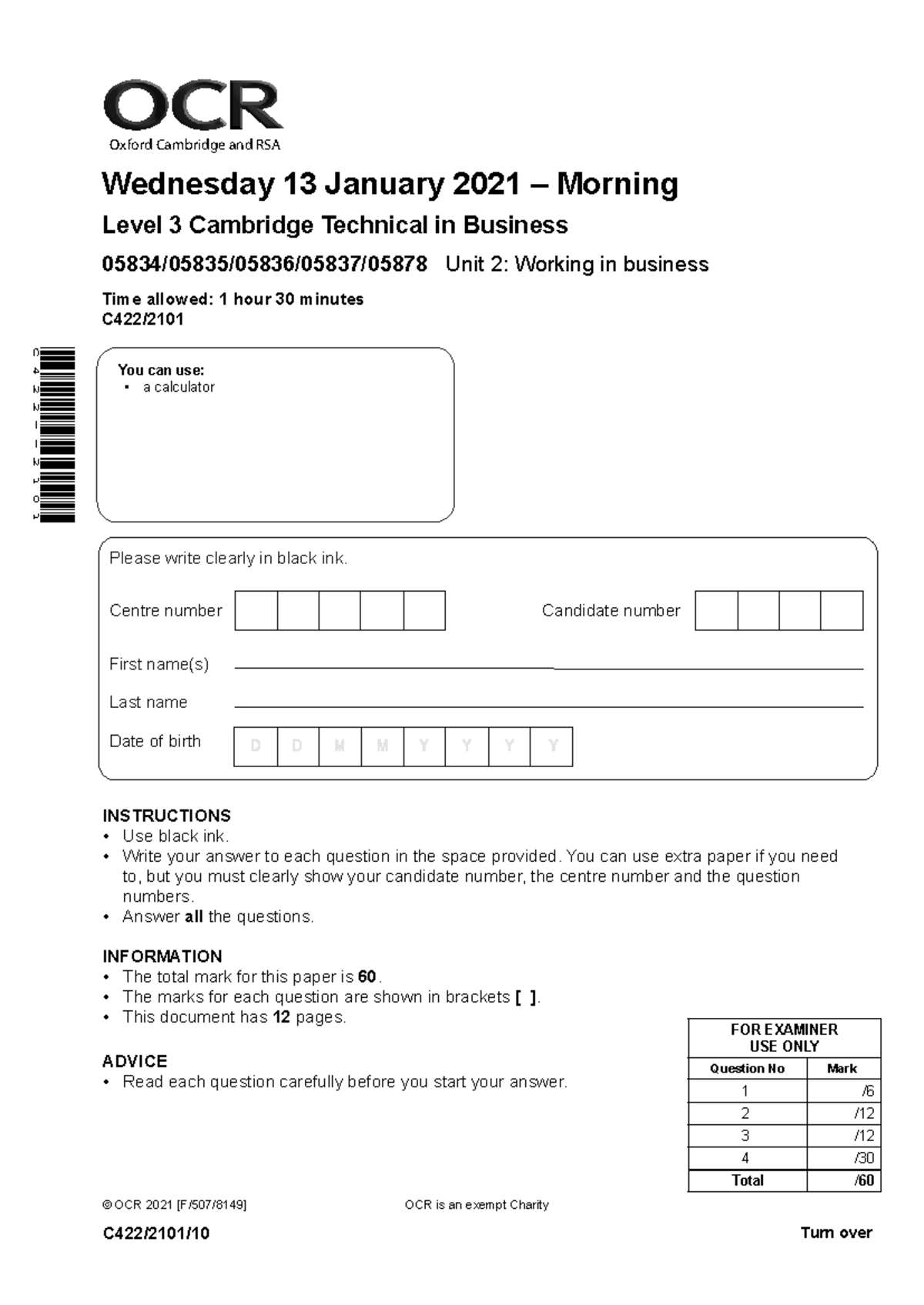 Question Paper: January 2021 - Level 3 Cambridge Technical in Business ...