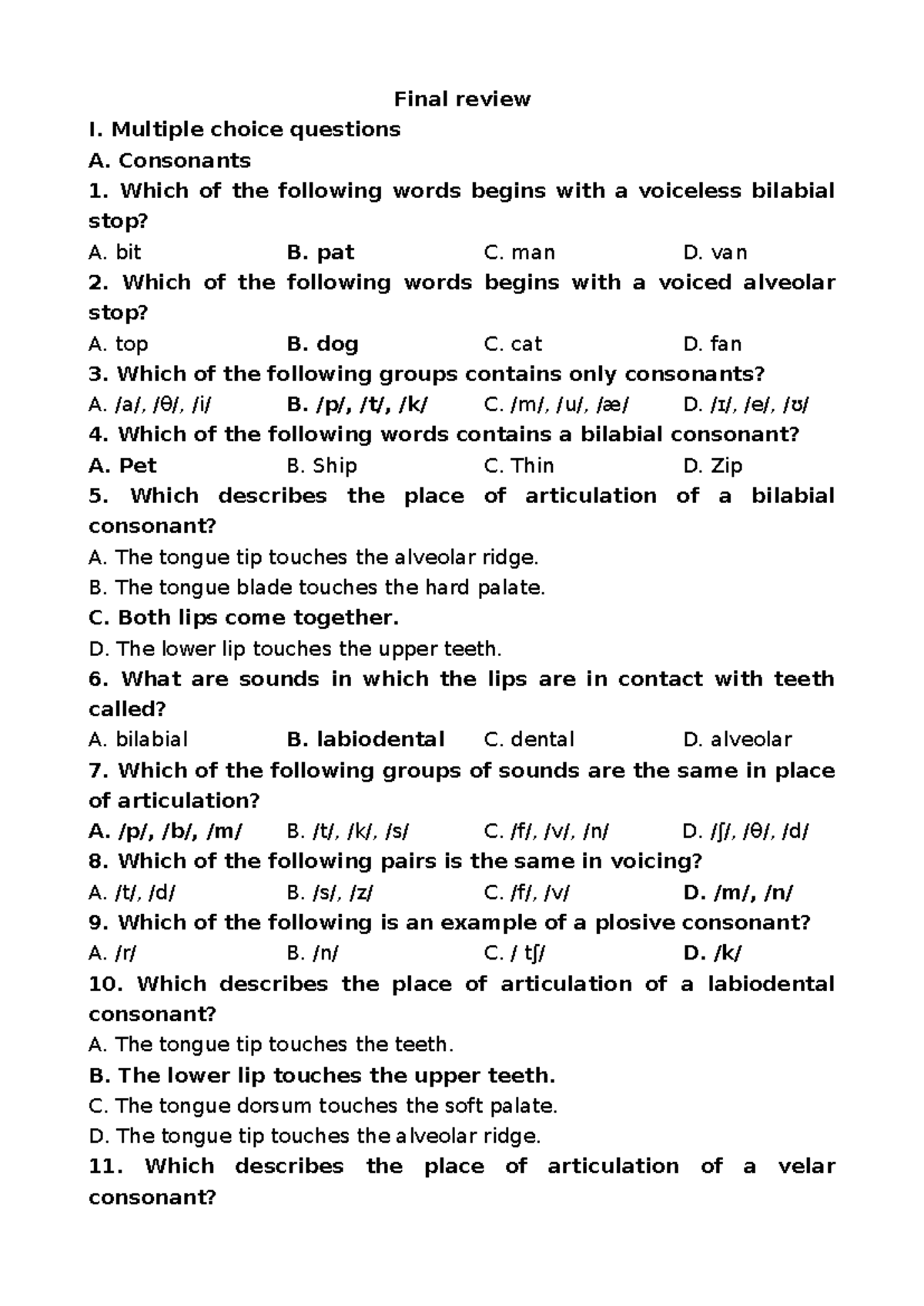 ENG319 - Final Review: Multiple Choice Questions on Phonetics - Studocu