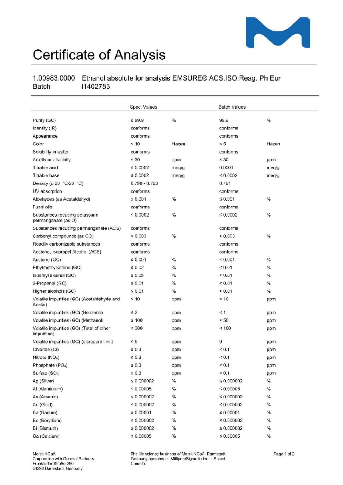 Certificate of Analysis: Ethanol Absolute (ACS, ISO, Ph Eur) Batch ...