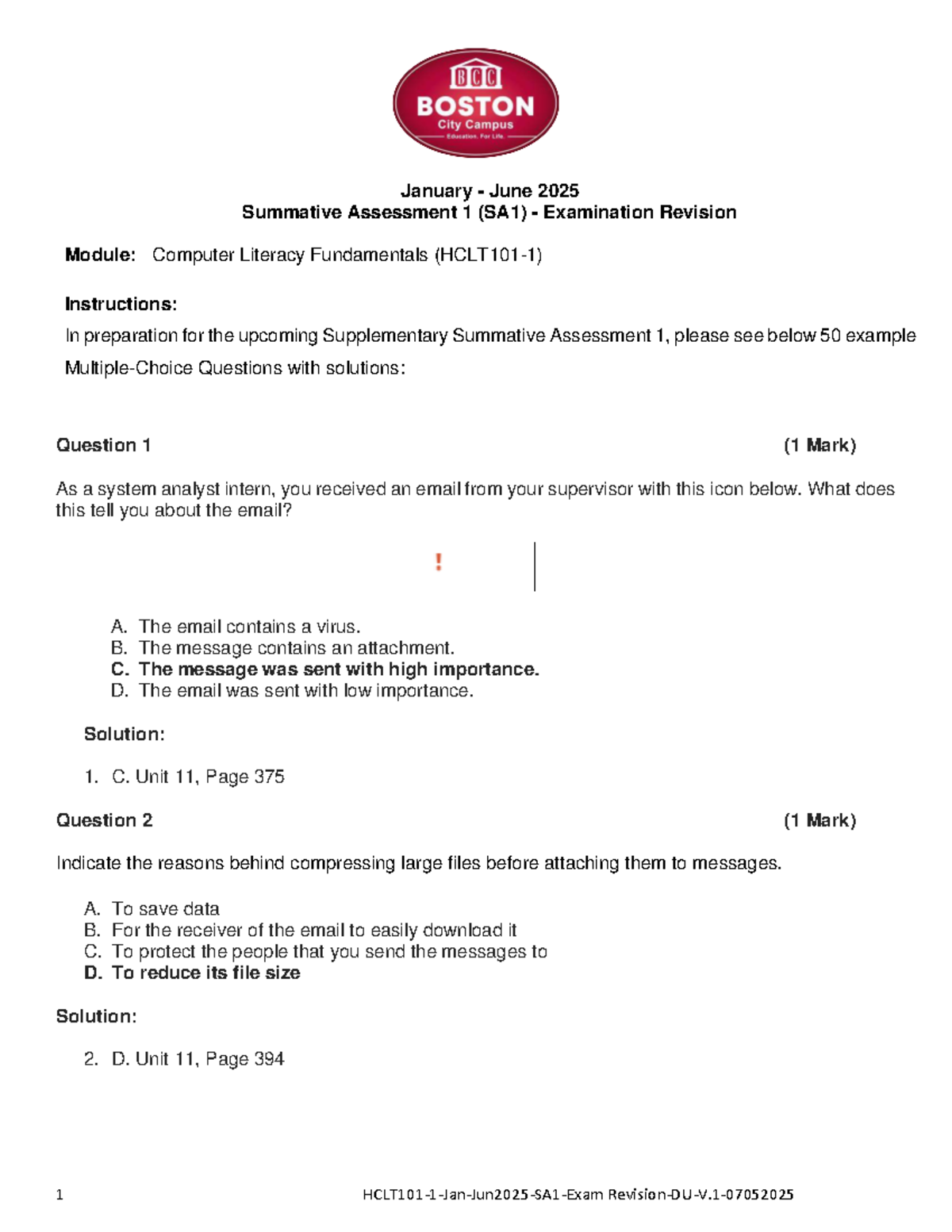 HCLT101-1 January-June 2025 SA1 Exam Revision: Computer Literacy - Studocu
