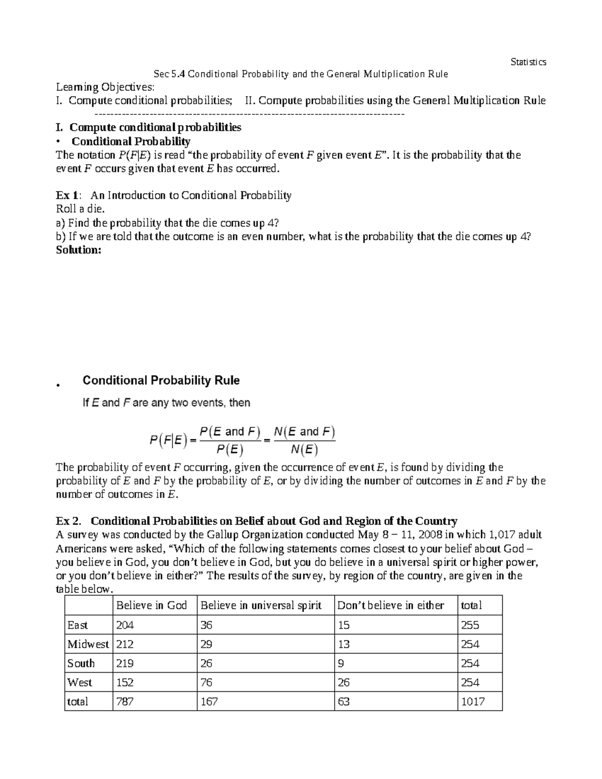Statistics Sec 5.4 Conditional Probability & Multiplication Rule - Studocu